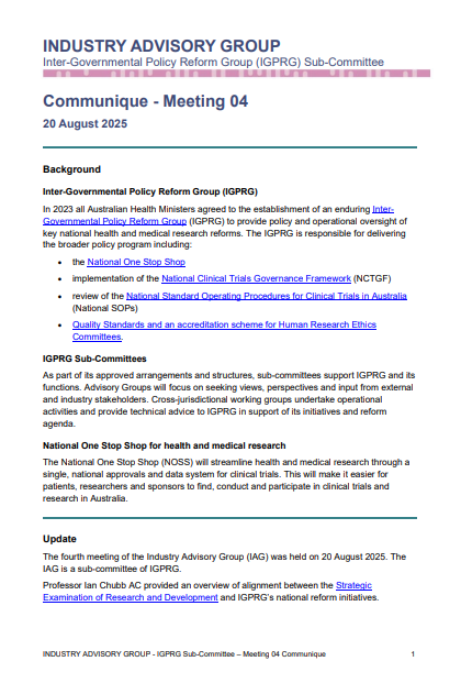 Industry Advisory Group Meeting 04 – Communique | Australian Clinical Trials